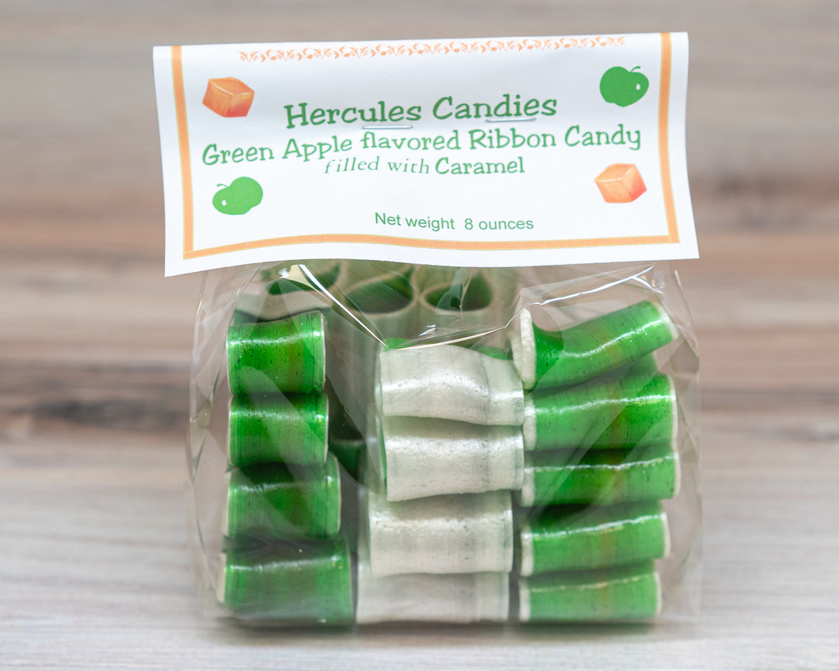 Green Apple Caramel filled Ribbon Candy – Hercules Candy and Chocolate Shop